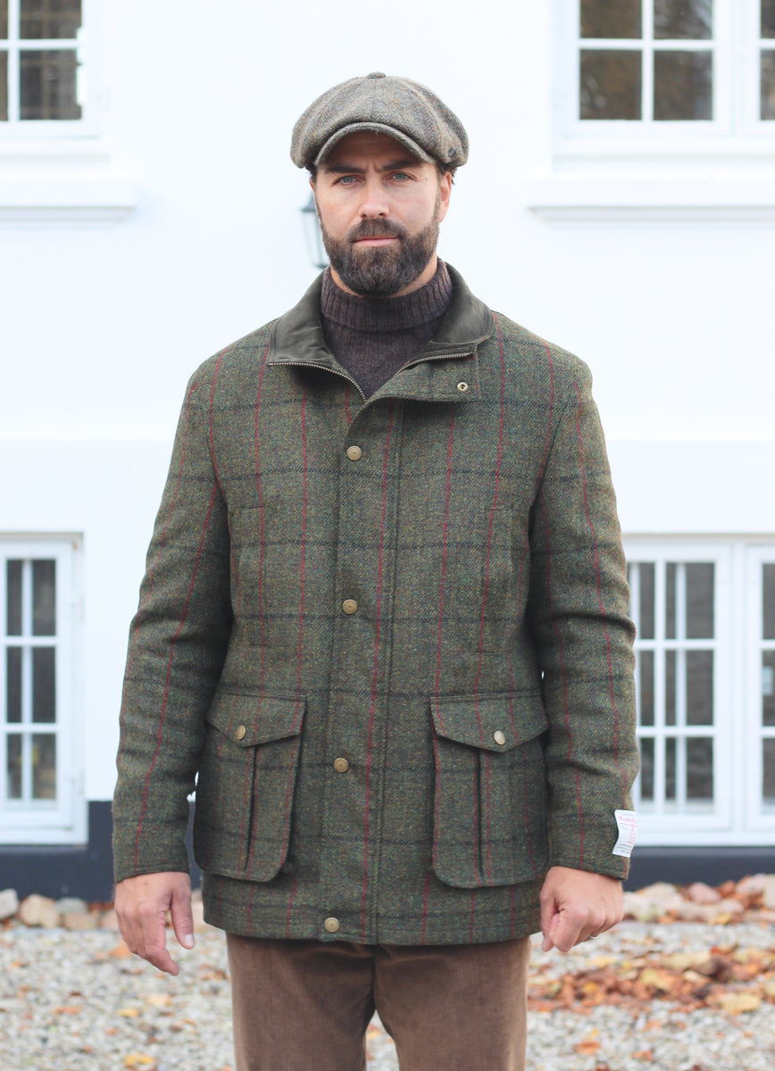 Bristol Field Coat skydejakke Harris Tweed, grøn m. blå/vinrød overter ...